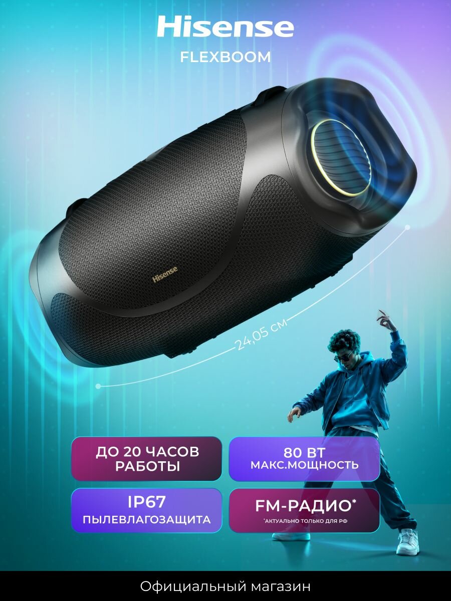 Акустическая система Hisense FlexBOOM, максимальная мощность звука 80 Вт, FM-тюнер, Bluetooth, IP67, до 20 часов от аккумулятора, черный
