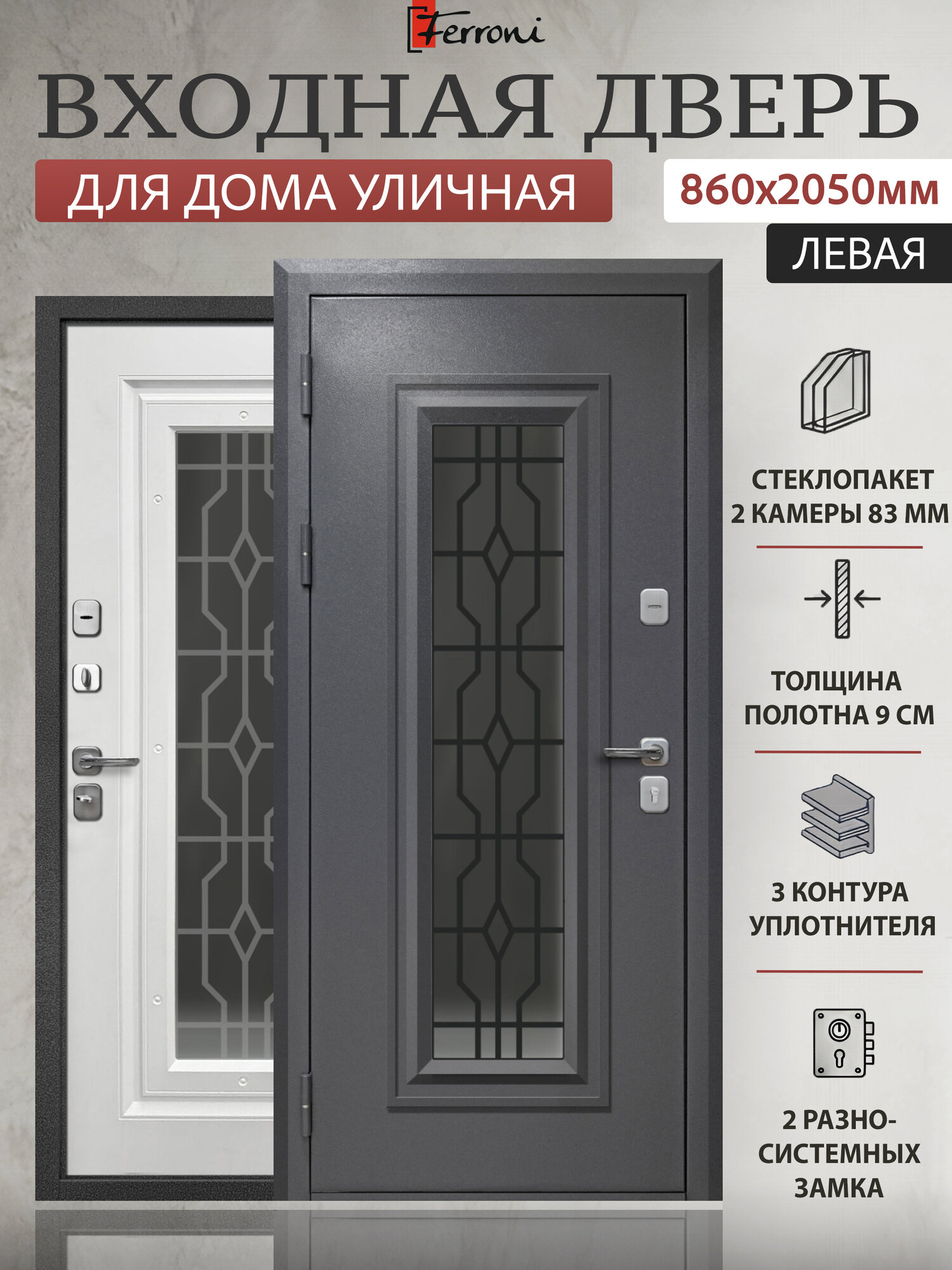 Входная дверь Ferroni 9 см Стеклопакет Букле Графит фигурная вставка (860мм) левая
