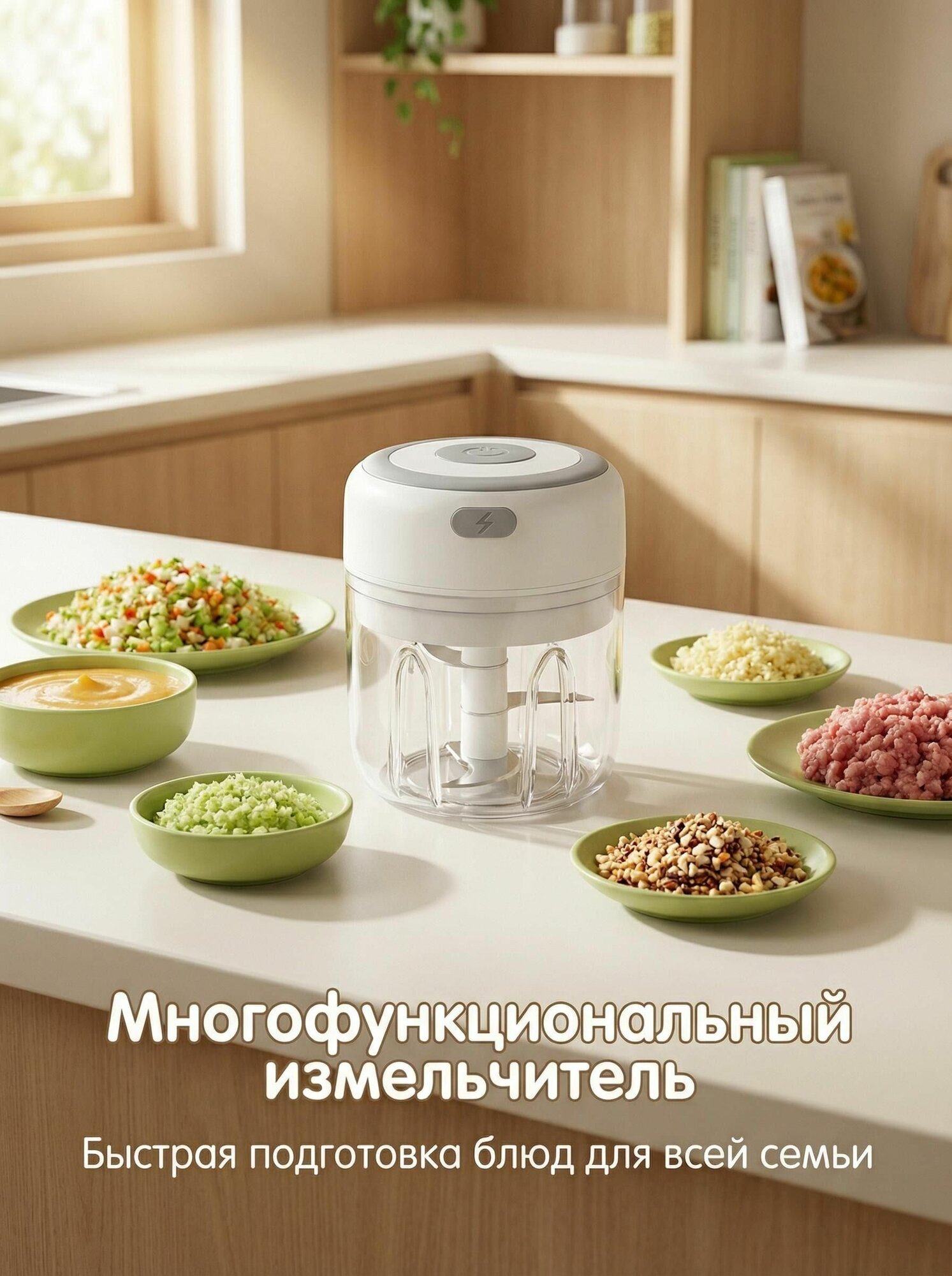 Маленький электрический кухонный дробилка для чеснока, автоматический вариант белого цвета