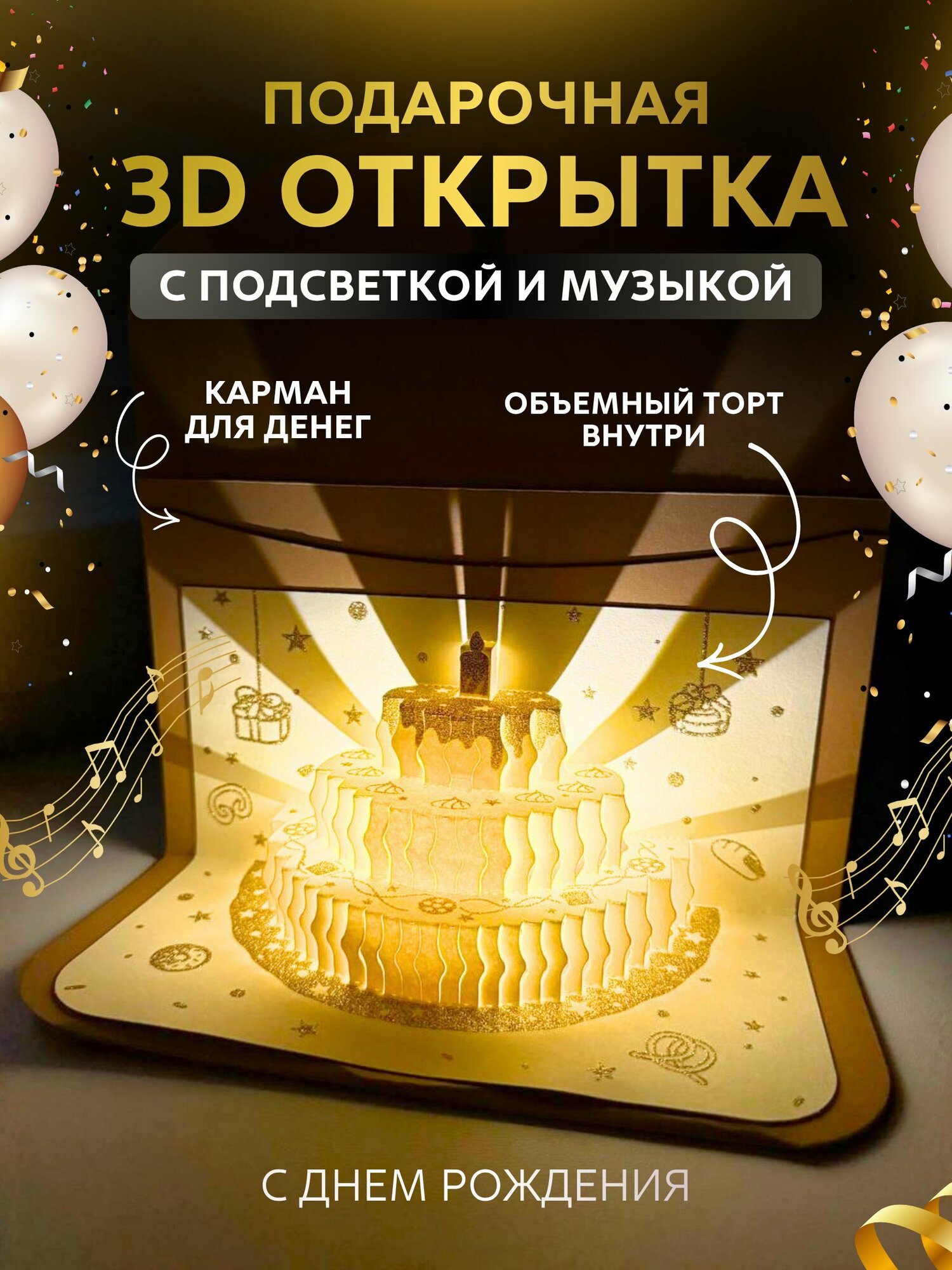 Музыкальная открытка конверт с подсветкой, открытка с днем рождения