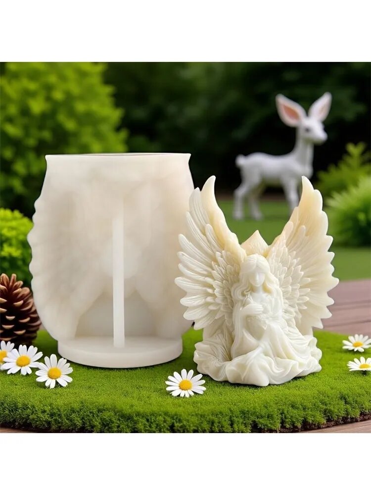 Силиконовая форма 3D Ангельские крылья : для свечей, гипса и эпоксидной смолы, фигурка сидящей девушки с крыльями, пищевой силикон, подарочный набор