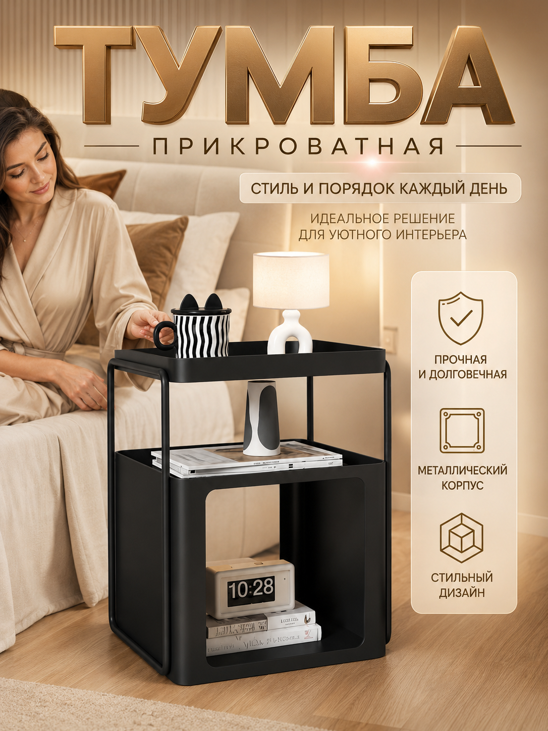Тумба прикроватная чёрная с прочным металлическим каркасом, три яруса полок для хранения книг и декора в спальне и гостиной