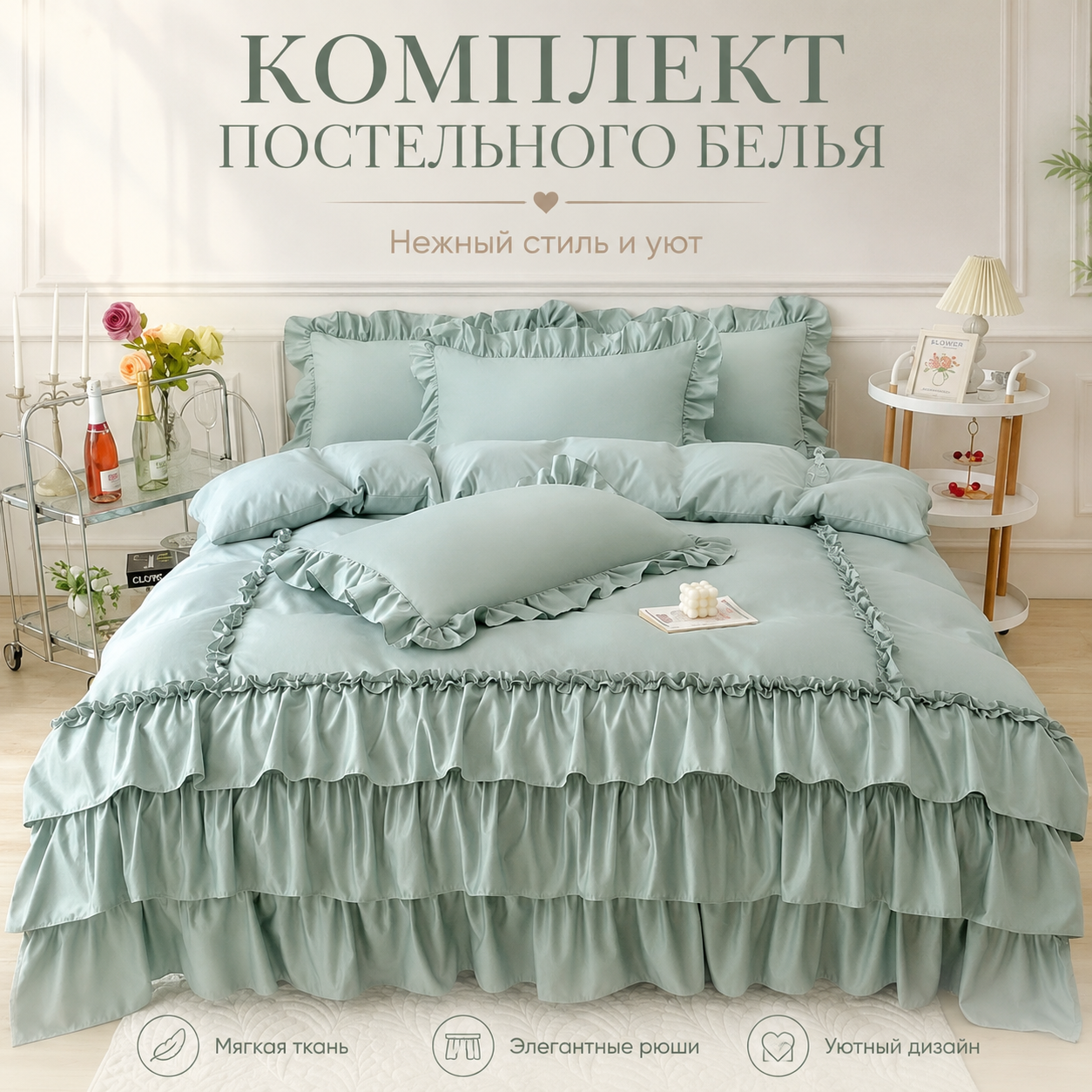 Комплект постельного белья мятно-зелёный, многослойные рюши, мягкая шелковистая ткань для двуспальной кровати