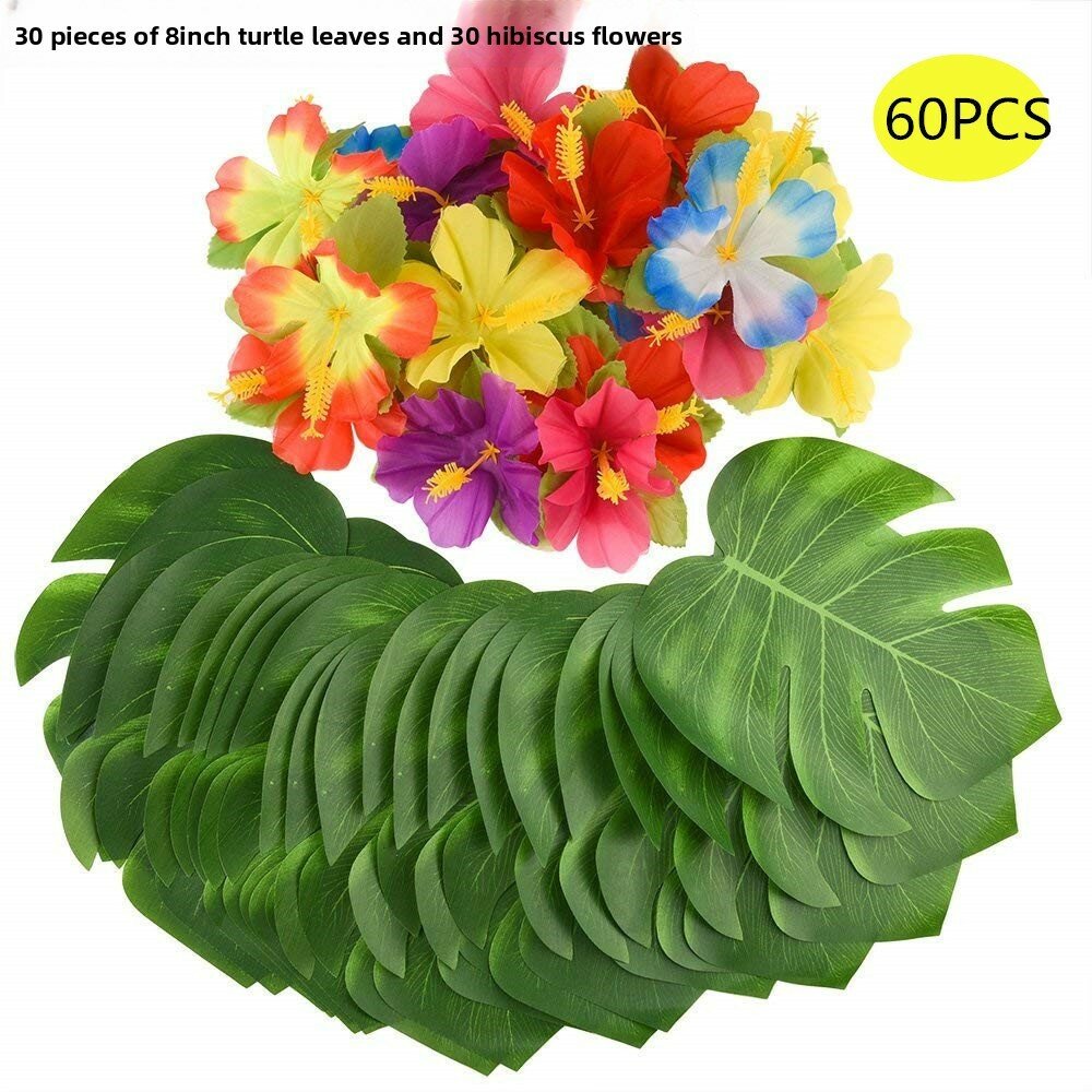 Tropical party decoration kit with silk flowers and turtle shell leaves for home or event use