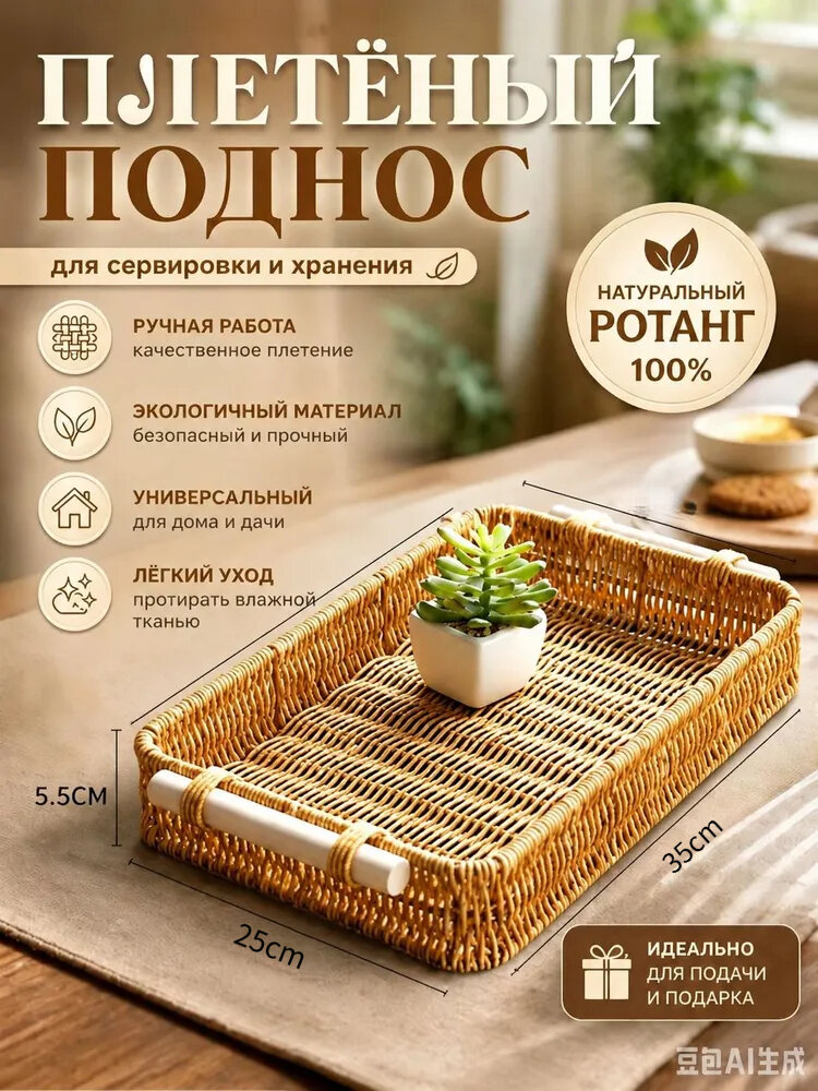Плетеный поднос из ротанга 35х25, сервировочный, для завтрака, хранения, декора, с ручками