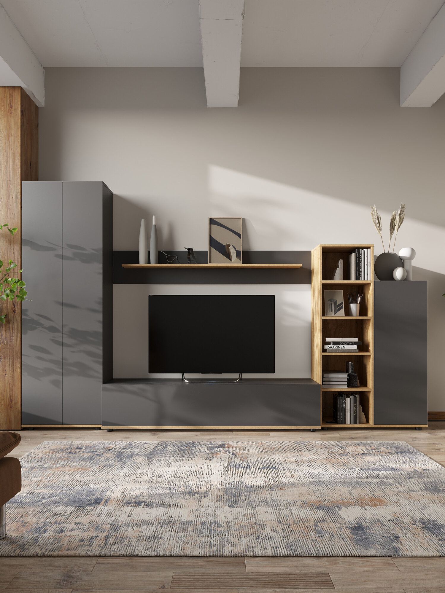 Гостиная комплект Амазон Макси с полками, со шкафом, 300x40x170 см, Серый графит / Дуб Вотан