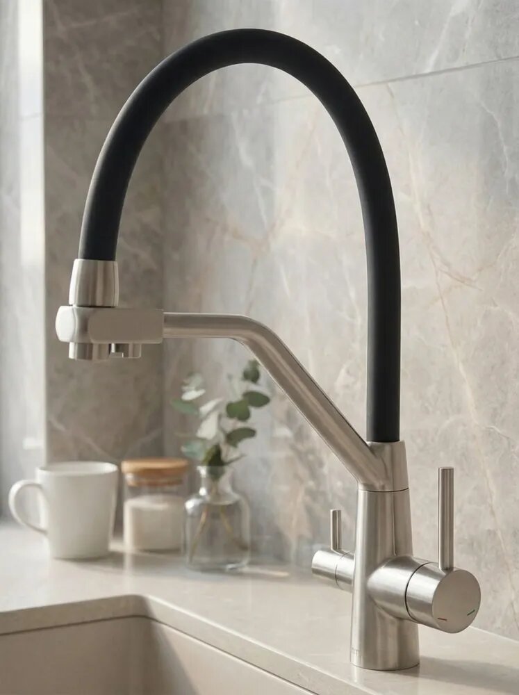 Смеситель для кухни с гибким изливом и краном под фильтр для питьевой воды, сатин, черный