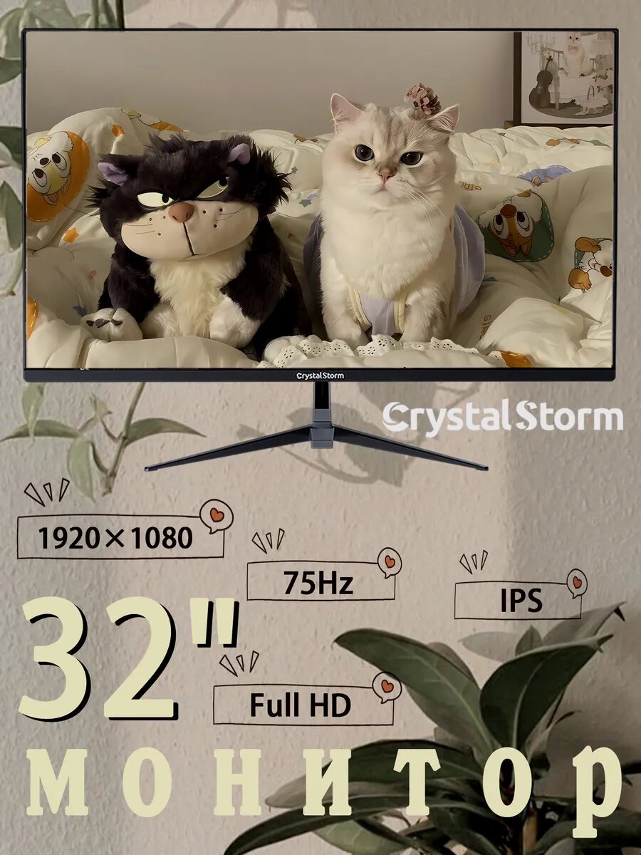 Монитор CrystalStorm, диагональ 32", 1920 x 1080 пикселей, 75Гц, матовый, чёрный