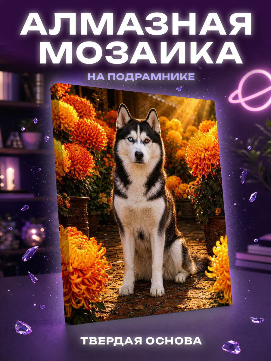 Алмазная мозаика Хаски среди хризантем