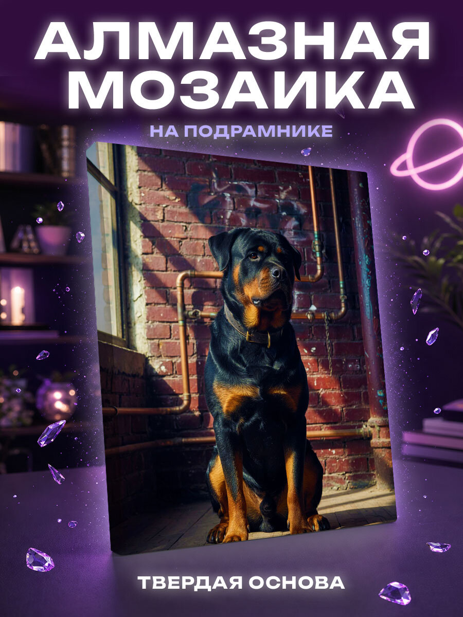 Алмазная мозаика Ротвейлер в лофте на фоне кирпичной стены