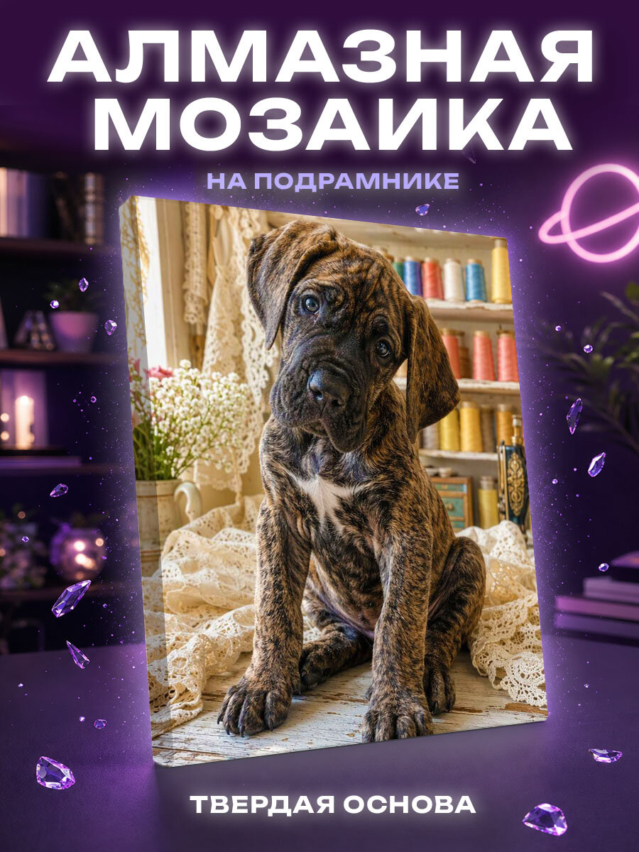 Алмазная мозаика щенок немецкого дога среди катушек