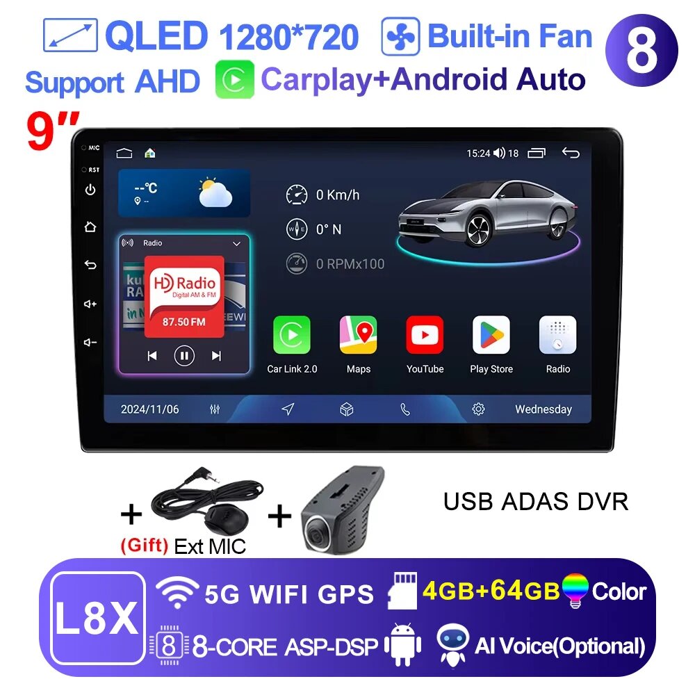 9" Android автомагнитола 2 Din Carplay GPS DVR