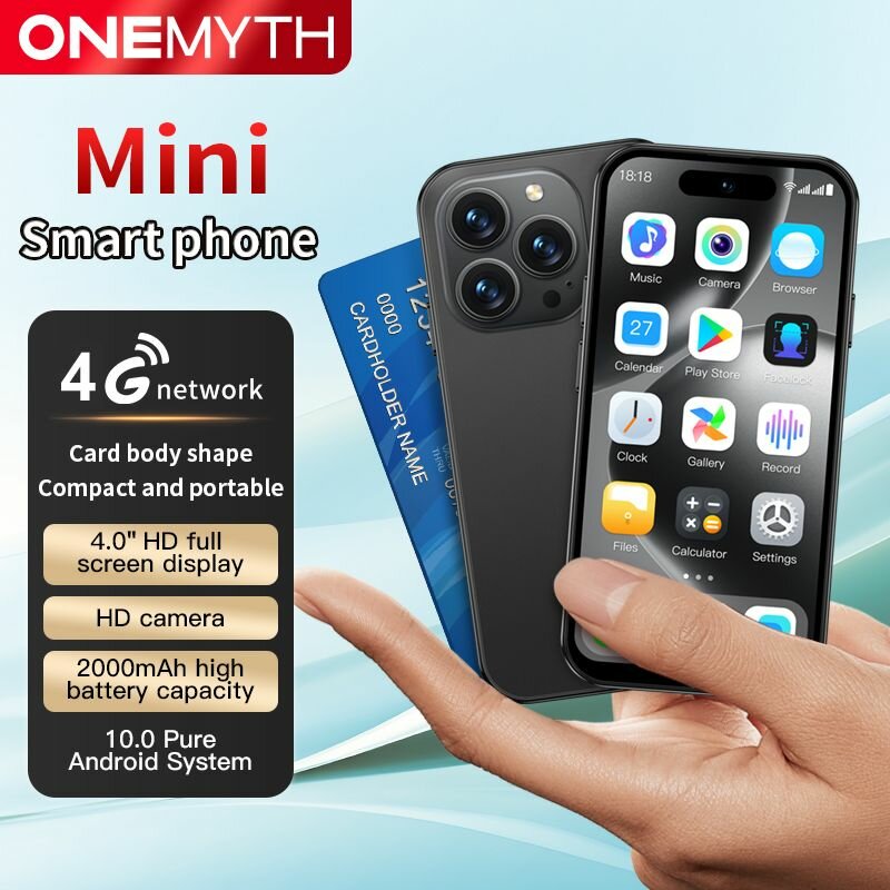 ONEMYTH Смартфон Смартфон ONEMYTH M17 Pro 4.0" Мини-смартфон 2гб RAM 16гб ROM Android10.0 Разблокировка для распознавания лиц 2000mAh 4G Маленький мобильный телефон Global 2/16 ГБ, Nano-SIM, черный