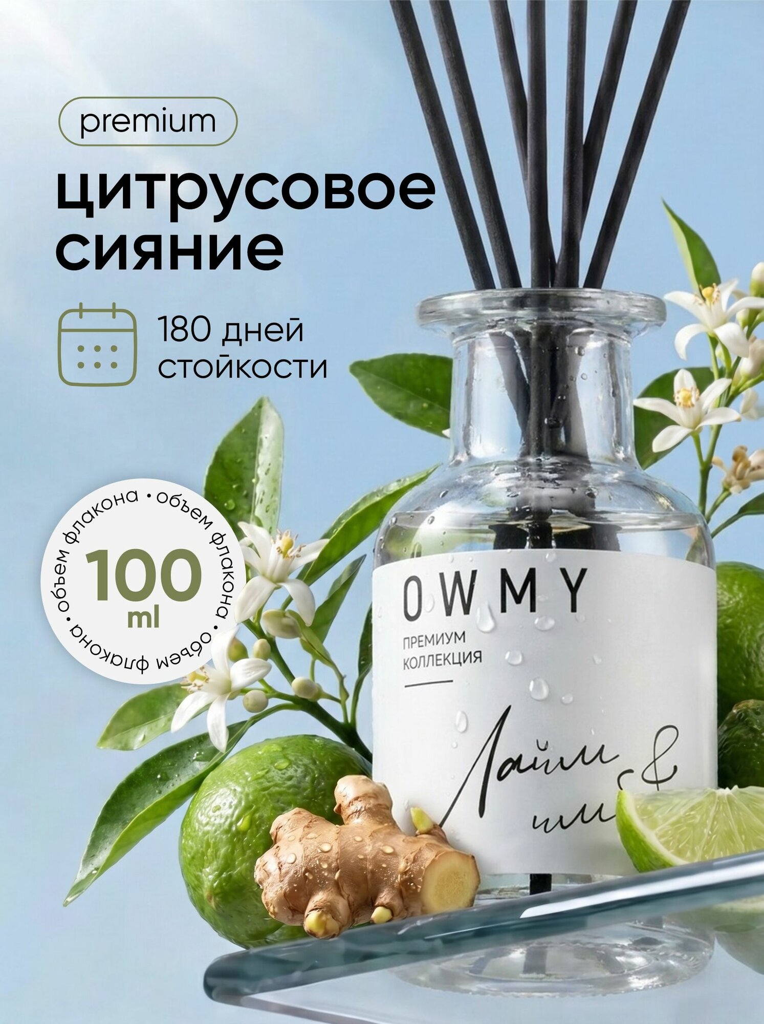 Ароматический диффузор для дома с палочками, 1 шт 100 мл / Лайм Имбирь освежитель воздуха для интерьера ароматизация помещения