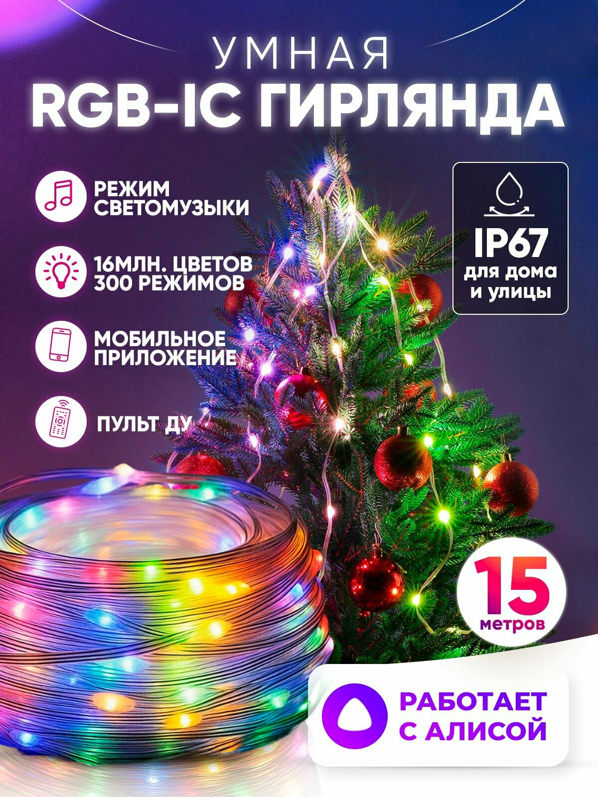 Умная RGB Wi-Fi гирлянда с управлением через смартфон, пульт ДУ и умный дом, 15 метров