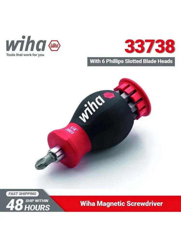 Wiha 33738 Отвертка с держателем бит, магнитная головка с 6 крестообразными шлицами, рукоятка 1/4"