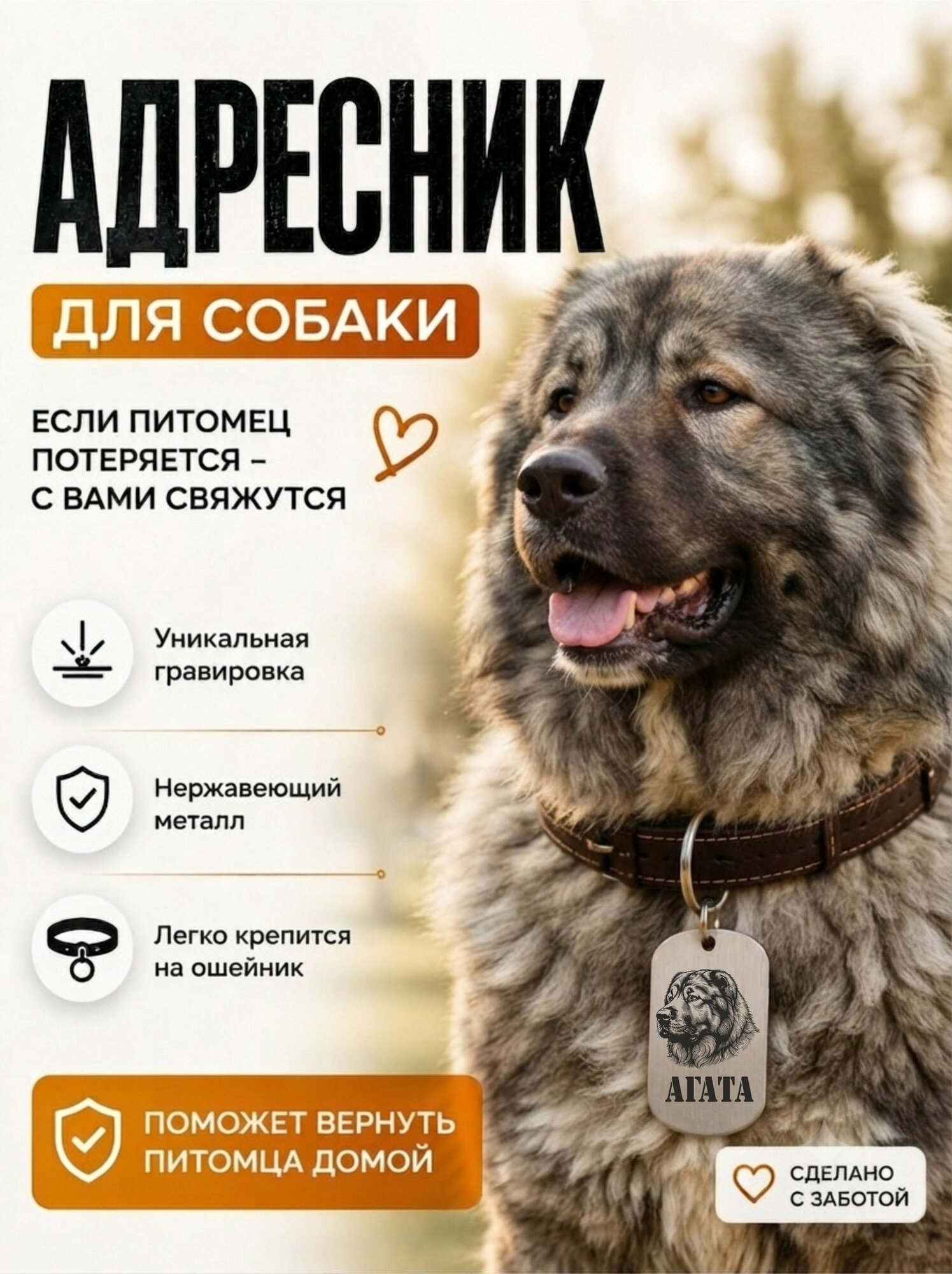 Адресник для собак породы кавказская овчарка с гравировкой Агата