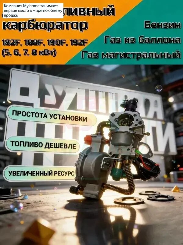 Карбюратор двухтопливный Газ-Бензин для генератора 4.5-5.5 кВт GX390 188F 190F с редуктором LPG; комплект для экономии топлива и перехода на газ для бензогенератора универсальный