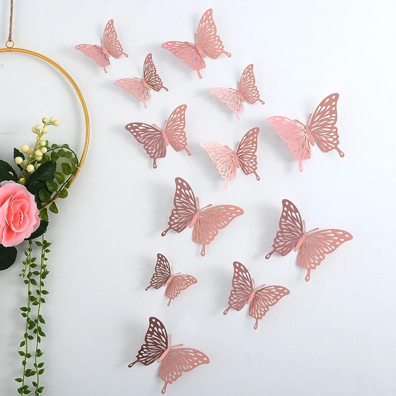 12 наклеек бабочек розового цвета Rose Gold