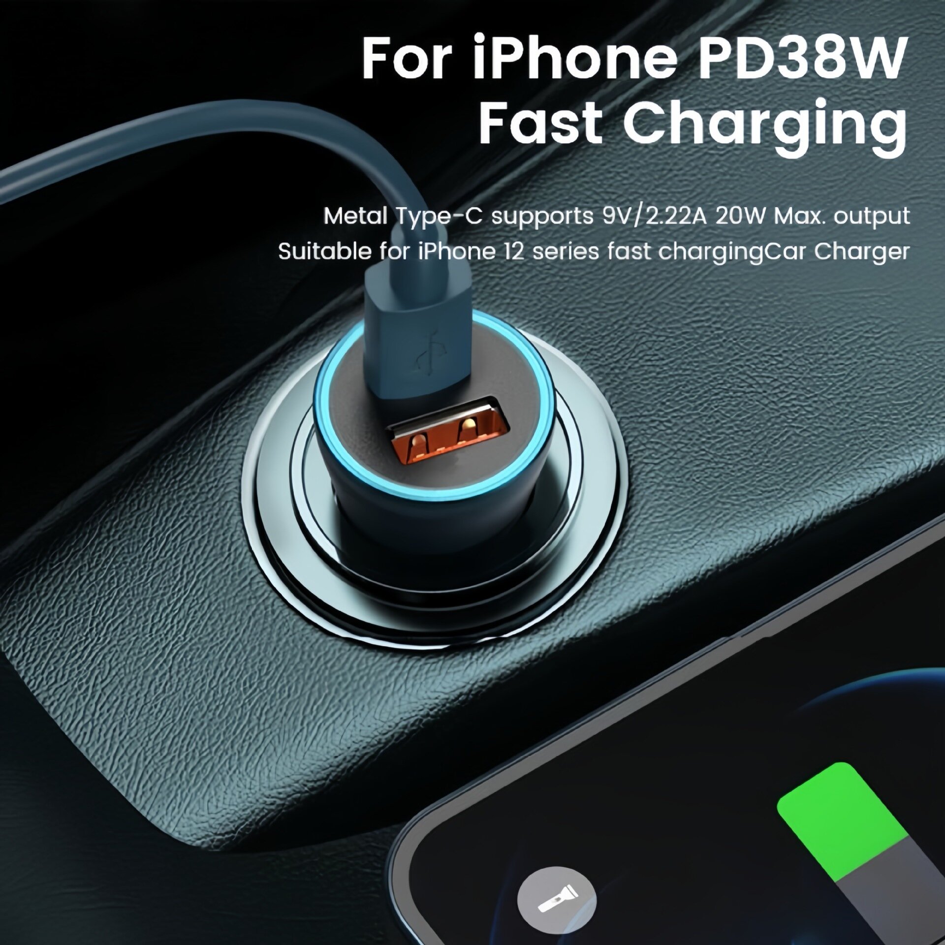 Черный металлический автомобильный зарядное устройство PD20W с двумя портами USB-C, быстрая зарядка и функция