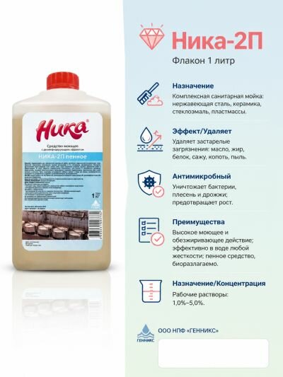 1шт. "Ника-2П" моющее средство с дезинфицирующим эффектом 1л