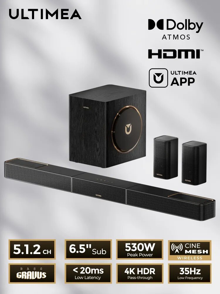 Саундбар для телевизора с сабвуфером ULTIMEA Skywave X40, 5.1.2 Dolby Atmos, 530W, беспроводной объемный звук, управление через приложение, домашний кинотеатр, 6.5" сабвуфер