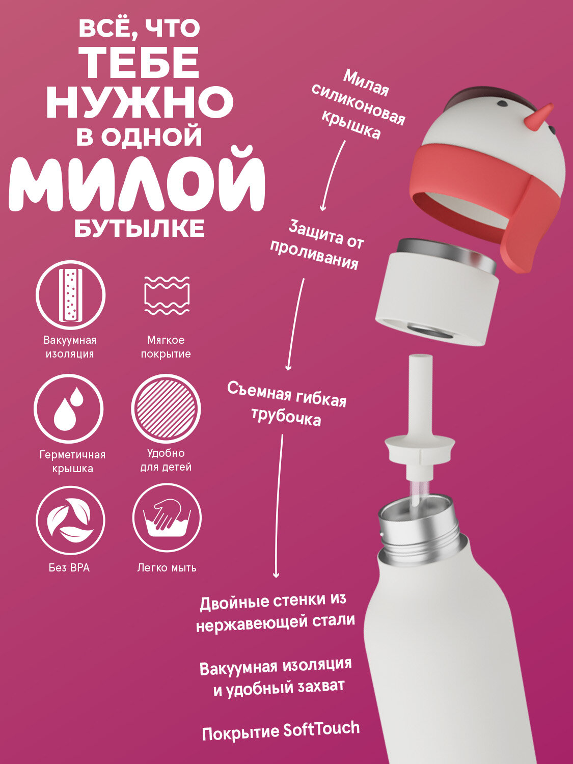 Термобутылка для воды с трубочкой Asobu Bestie Снеговик, для холодных и горячих напитков, 460 мл