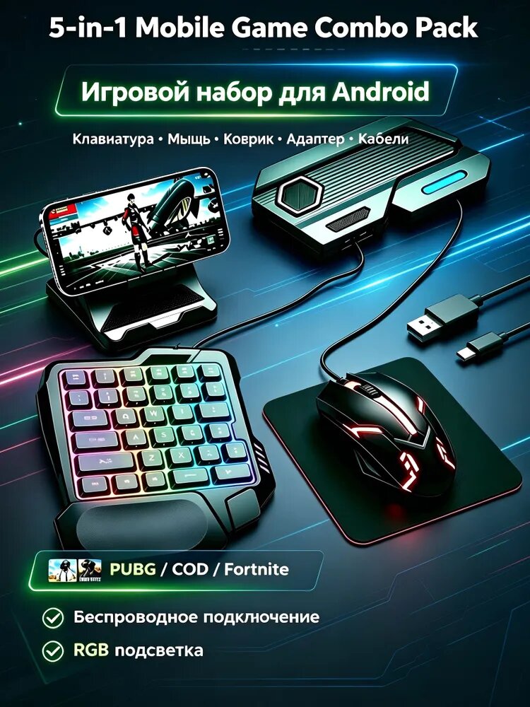 Комплект игровая клавиатура, мышь проводная Игровой набор 5-в-1 для смартфона Android, Английская раскладка, черный