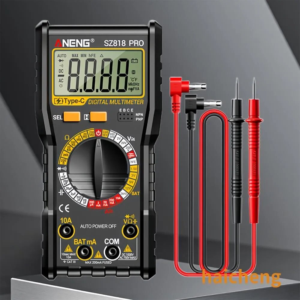 Цифровой мультиметр ANENG SZ818 PRO: hFE-тест транзисторов, ЖК-дисплей 1999 отсч, сопротивление до 10 МОм, предохр. 200 мА