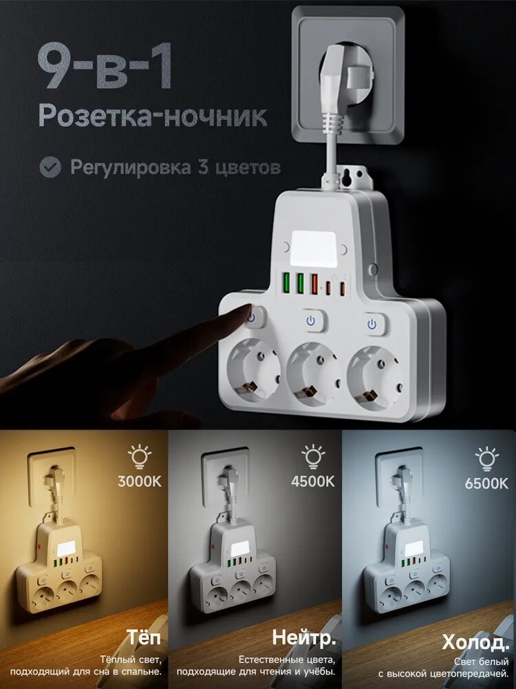 Сетевой фильтр CHIEFWAY,3 розеток +3 USB и 2 Type-C, с независимым выключателем, удлинитель сетевой 3м