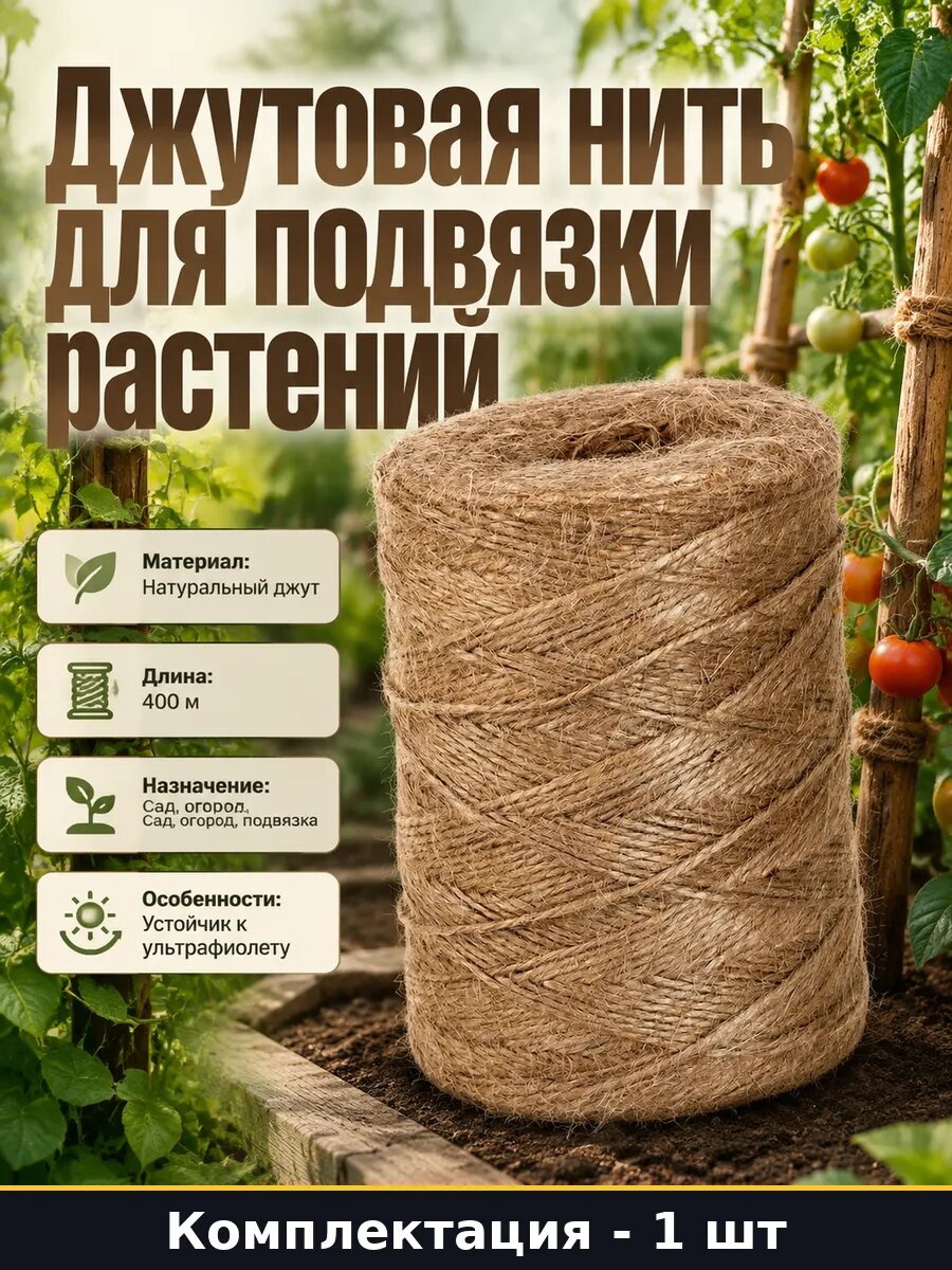 Нить для подвязки растений джутовая 400 м для сада и дачи