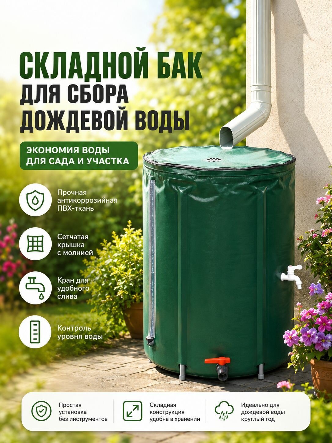 Прочная садовая бочка из ABS-пластика, универсальная емкость для хранения и использования в хозяйстве и на дачном участке