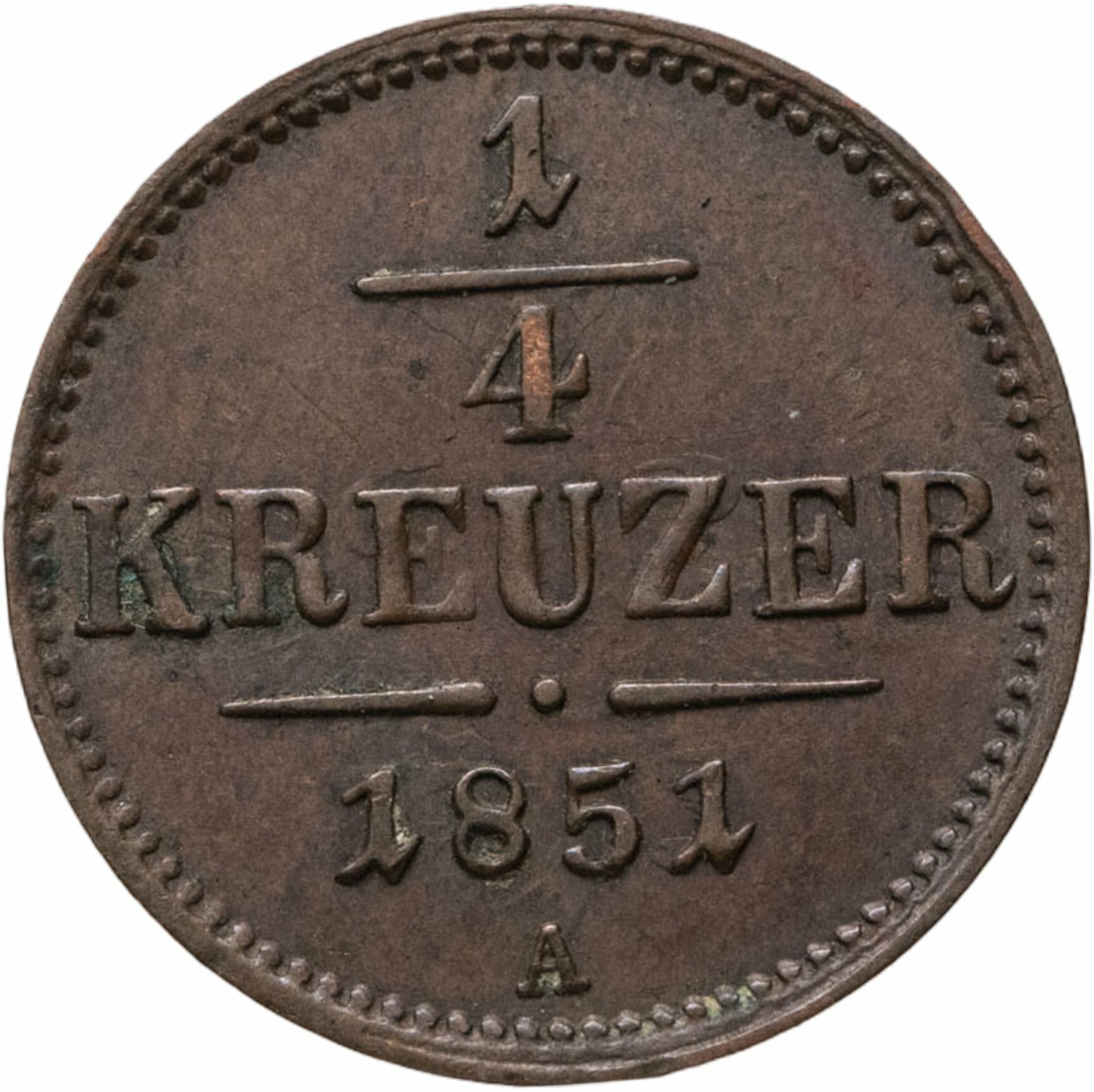 Австрия 1/4 крейцера kreuzer 1851, знак монетного двора "A" - Вена, Медь, в сохранности VF-XF
