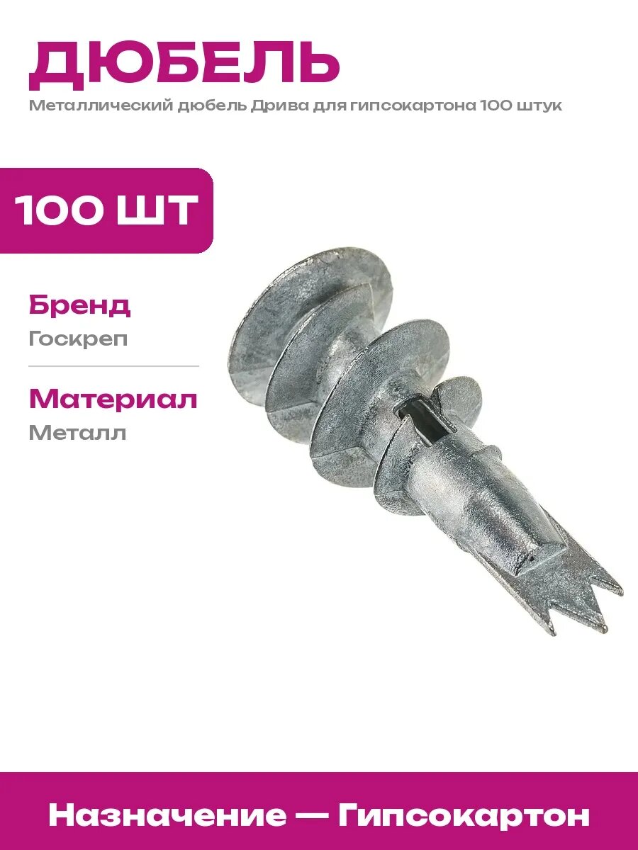 Крепеж для гипсокартона дюбель Дрива металлический 100 шт