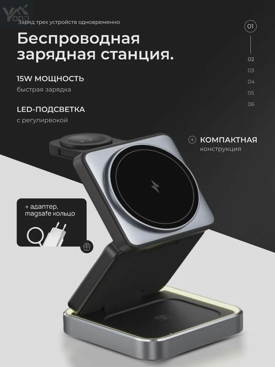 Беспроводная зарядка для iPhone и Android, зарядная станция 3 в 1 для Айфон, AirPods, Apple Watch, док-станция