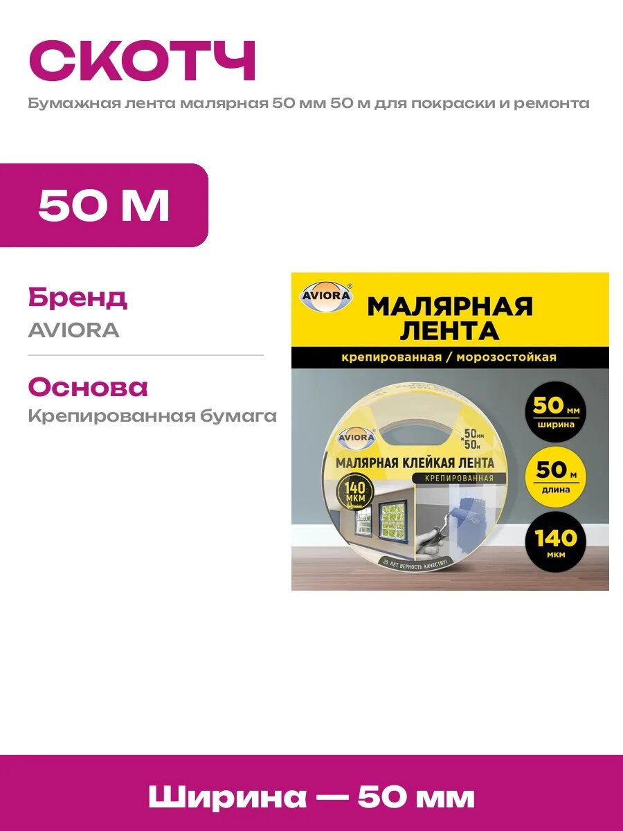 Термостойкая малярная лента 50 мм 50 м белая строительная
