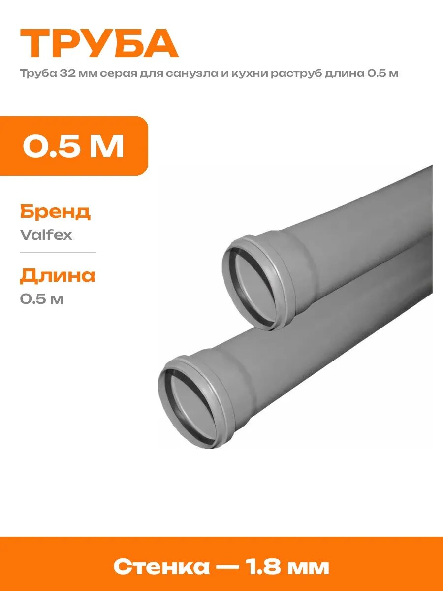 Труба канализационная серая 32 мм 0.5м ПП с раструбом тип