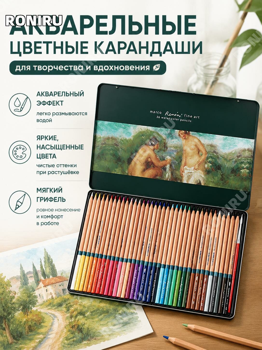 Акварельные цветные карандаши Марко Ренуар3120,36 цветов, HB