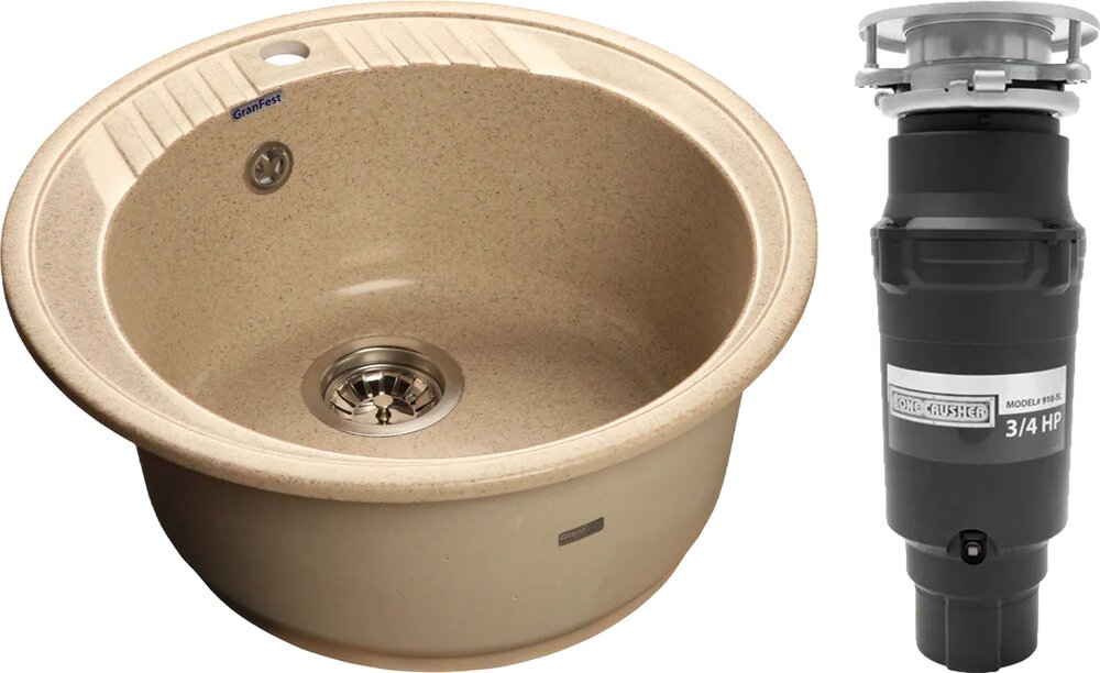 Комплект Мойка GranFest Rondo GF-R520 52x52, песочная, искусственный мрамор / Измельчитель Bone Crusher BC 910-SL-Slim Line электрический, нержавеющая сталь