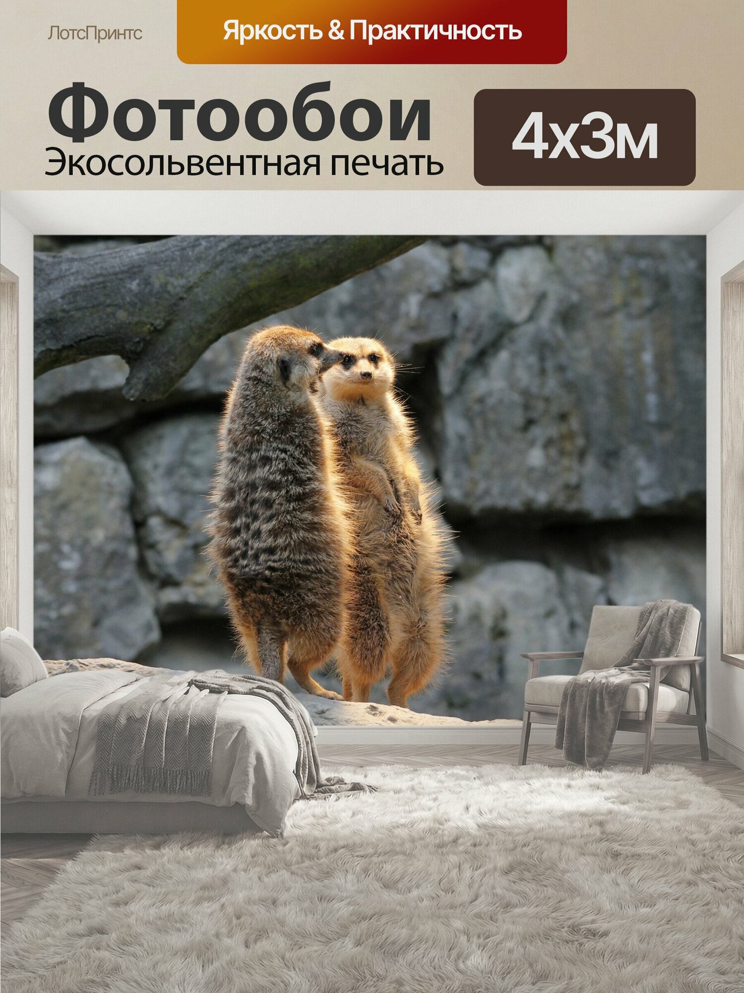 Фотообои "Сурикат, осторожно, хранитель" 400x300 см. экосольвентная печать