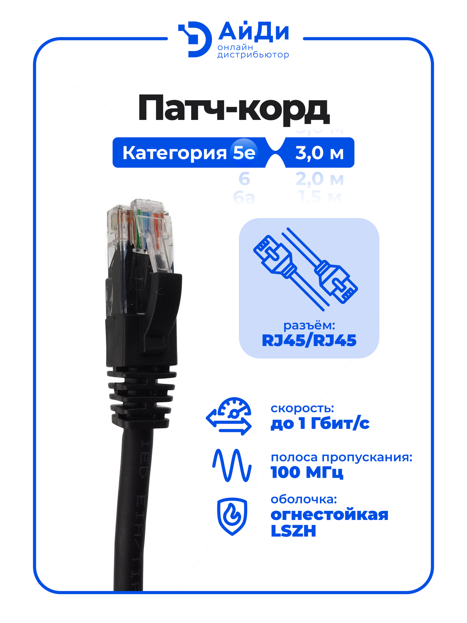 Интернет-кабель, категория 5е, неэкранированный, U/UTP, RJ45-RJ45, 100 МГц LSZH, AWG24 3м, чёрный