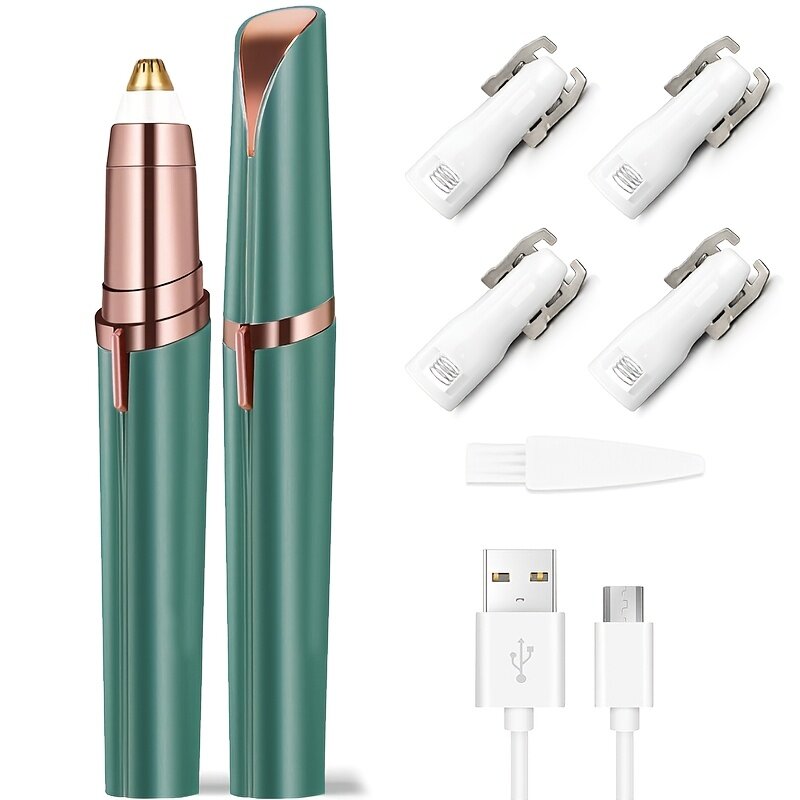 Портативный электрический триммер для бровей и тела, 5 лезвий, USB-зарядка, одно касание, зеленый