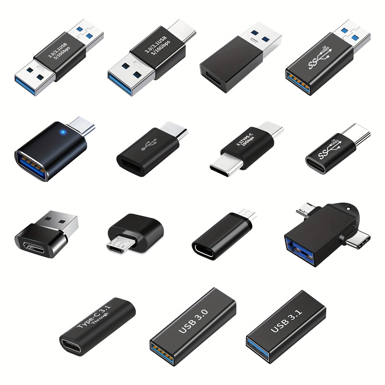 Переходники USB-C на USB 3.0 и Micro-B (15 шт.) с разъемами папа-папа, мама-мама и мама-папа для передачи данных и зарядки