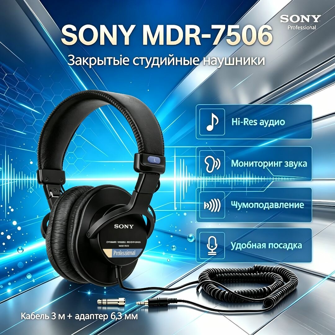 Наушники Sony MDR-7506, профессиональный мониторинг, Hi-Res аудио, для студии и дома