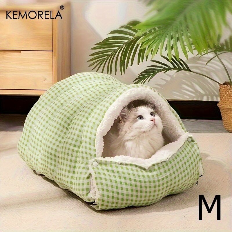 Закрытая плюшевая лежанка-домик для кошек, котят и маленьких собак, спальный мешок-кокон, всесезонная моющаяся, зелёная клетка, размер M