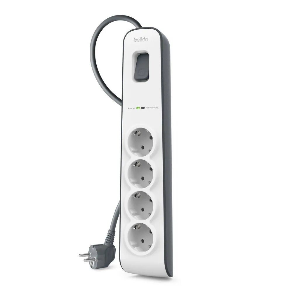 Сетевой фильтр-удлинитель Belkin Surgemaster BSV400vf2M, 4 розетки, защита от перенапряжения, 2 м кабель, белый/серый