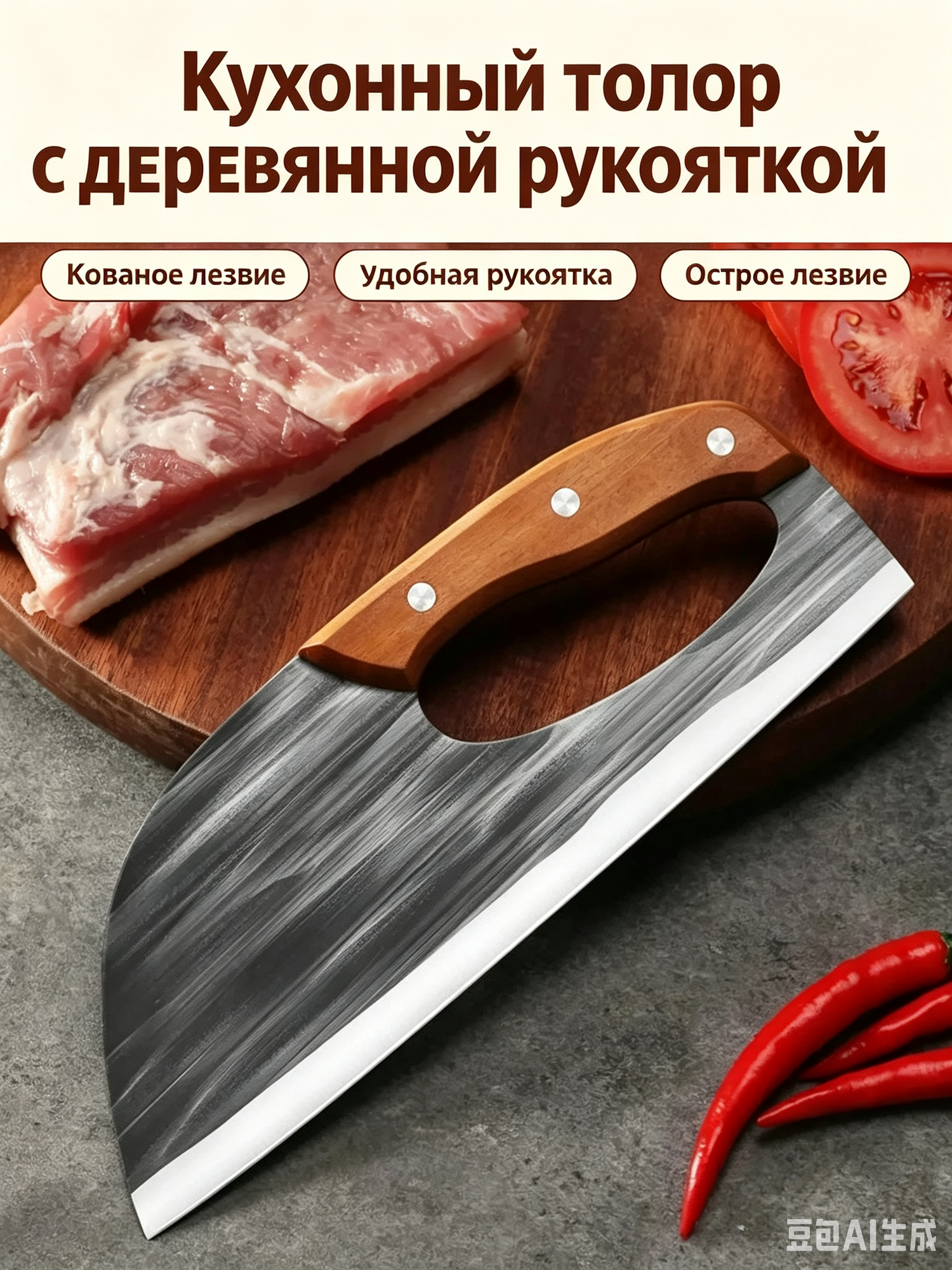 Кухонный поварской нож ручной ковки, деревянная рукоять, облегченная форма лезвия, для нарезки