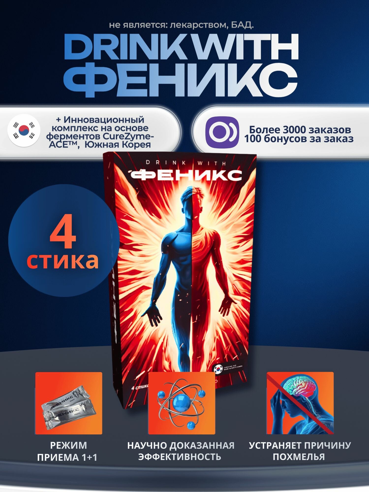 Средство от похмелья в стиках Drink with Fenix, 4 шт, антипохмелин, похмелье, алкодетокс, после алкоголя стики от похмелья антипохмелин в стиках алкодетокс в стиках после алкоголя стики
