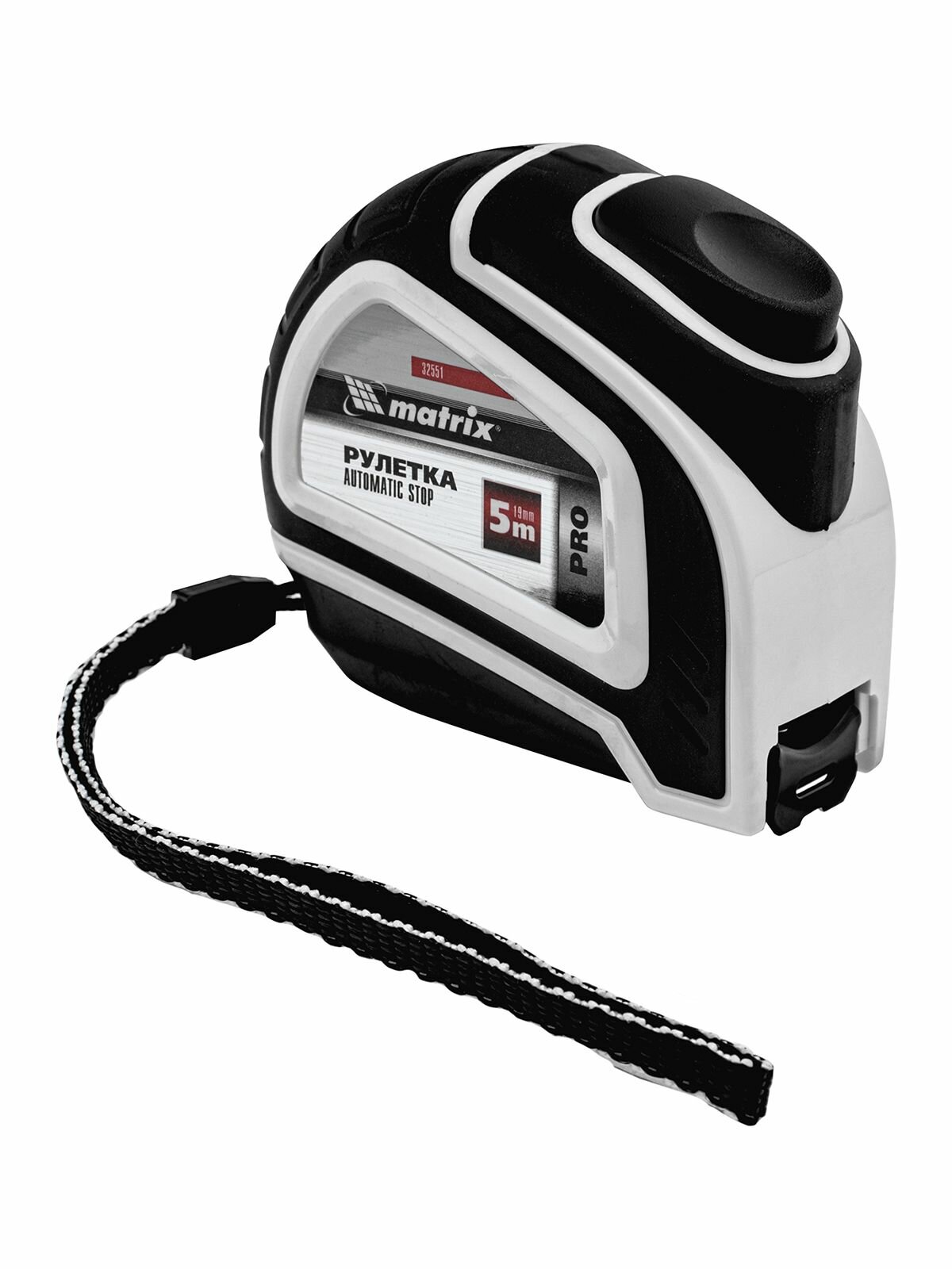 Рулетка строительная MATRIX PRO Autostop, 5 м х 19 мм, автоматическая фиксация и подвижный зацеп, ударопрочный двухкомпонентный корпус, рулетка измерительная 32551