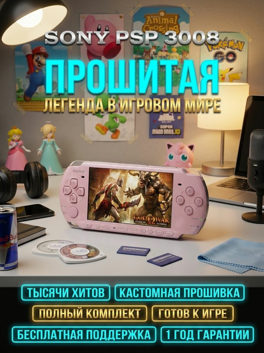 Новая игровая консоль Sony PSP 3008 Slim Pink 64Gb 3020 ИГР